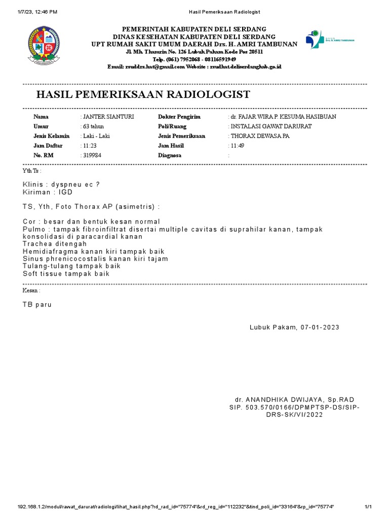 Hasil Thorax Terbaru Bapak Janter | PDF