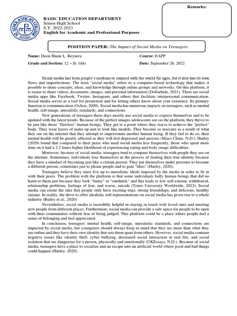 The Impact of Social Media On Teenagers Position Paper | PDF