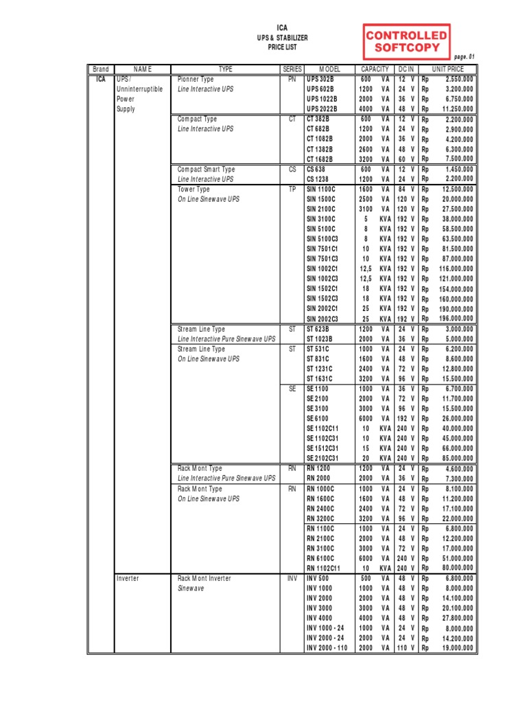 Price List UPS Ica | PDF