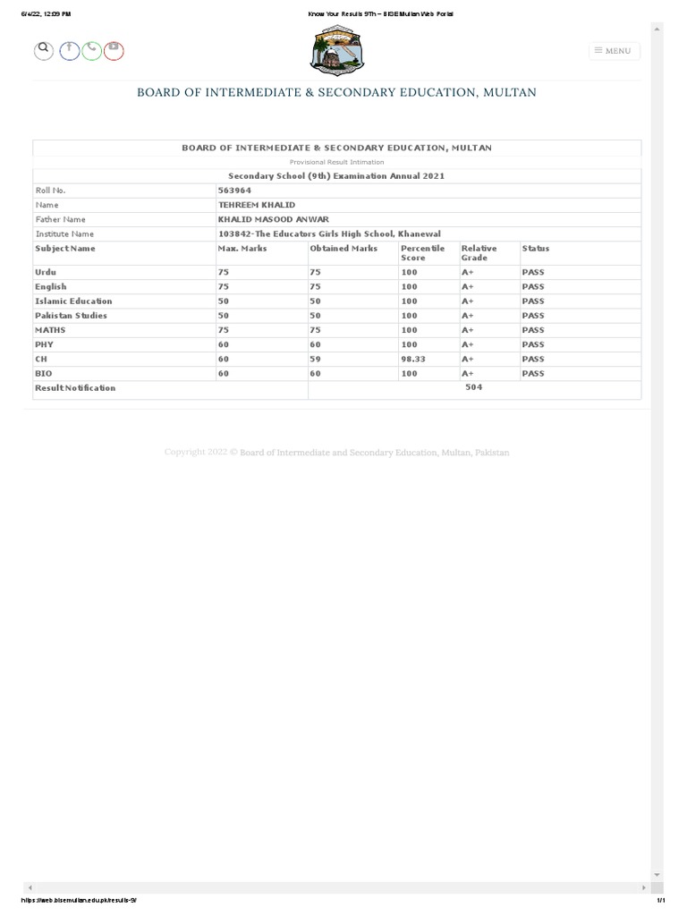 Know Your Results 9Th - BISE Multan Web Portal | PDF