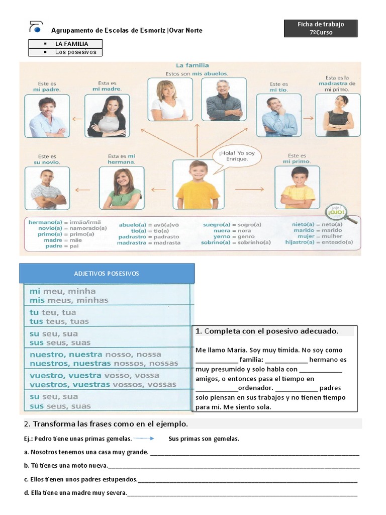 Ficha de Trabajo 7º La Familia y Los Posesivos | PDF