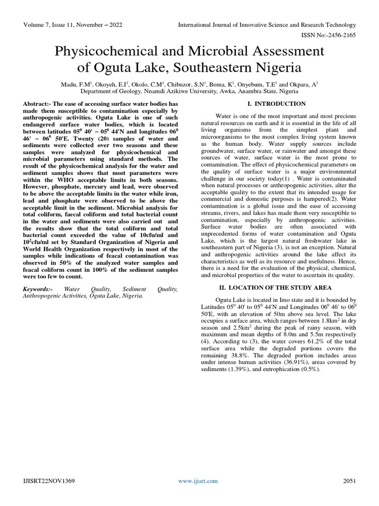 Physicochemical and Microbial Assessment of Oguta Lake, Southeastern Nigeria | PDF | Magnesium ...