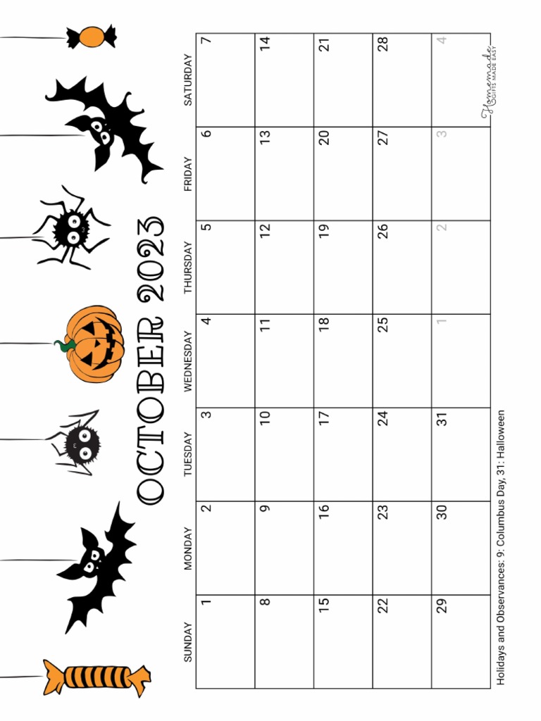 October Calendar 2023 Printable Halloween Landscape | PDF