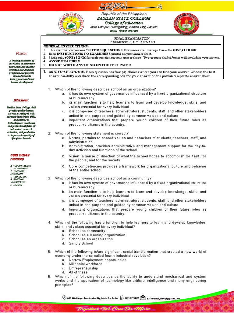 TEST QUESTION PED 108 FINALS Edited | PDF | Teachers | Leadership