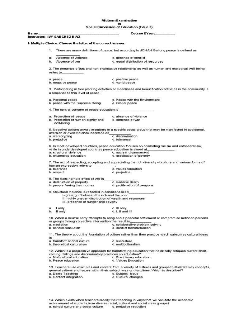 Educ 3 Midterm | PDF | Prejudices | Peace