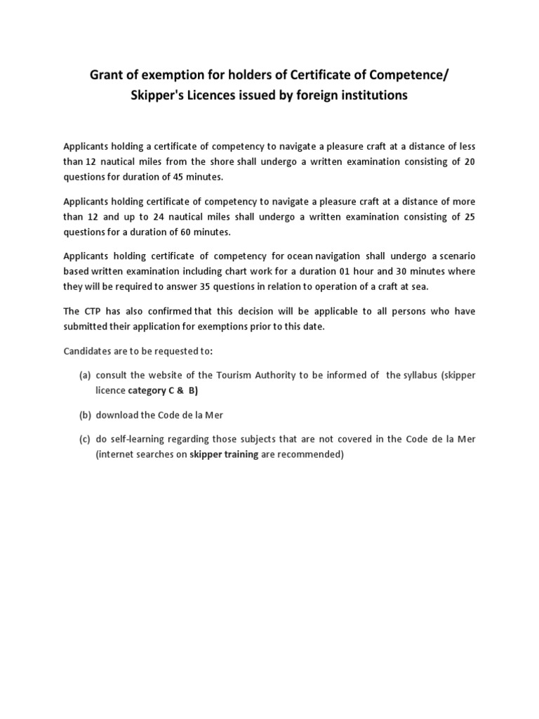 Skipper-Grant of Exemption For Holders of Certificate of Competence by ...