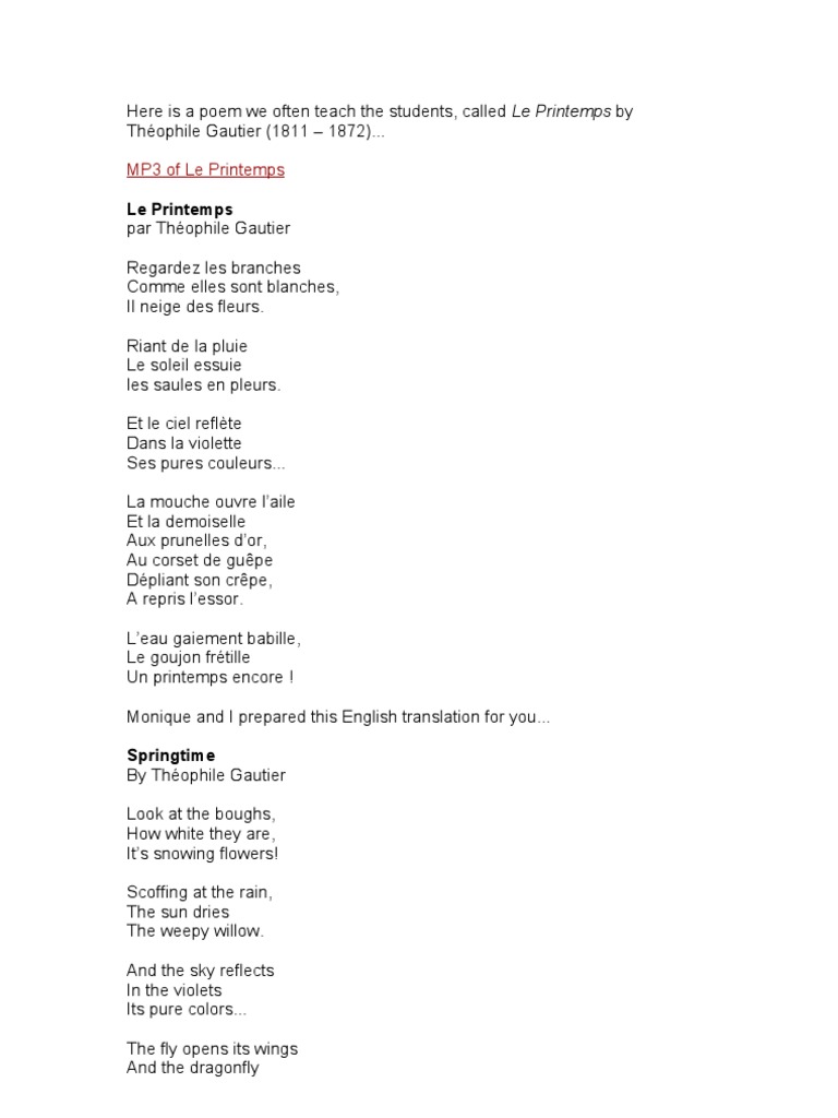 Le Printemps: Gautier's Spring Poem | PDF | Foreign Language Studies ...