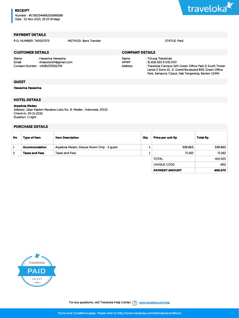 Traveloka Hotel Receipt for Aryaduta Medan | PDF