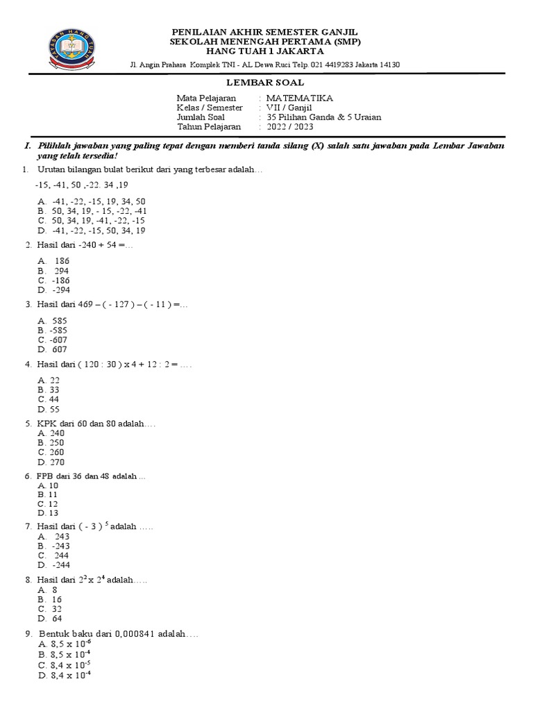 Soal Pas MTK 7 GNJ 23 | PDF