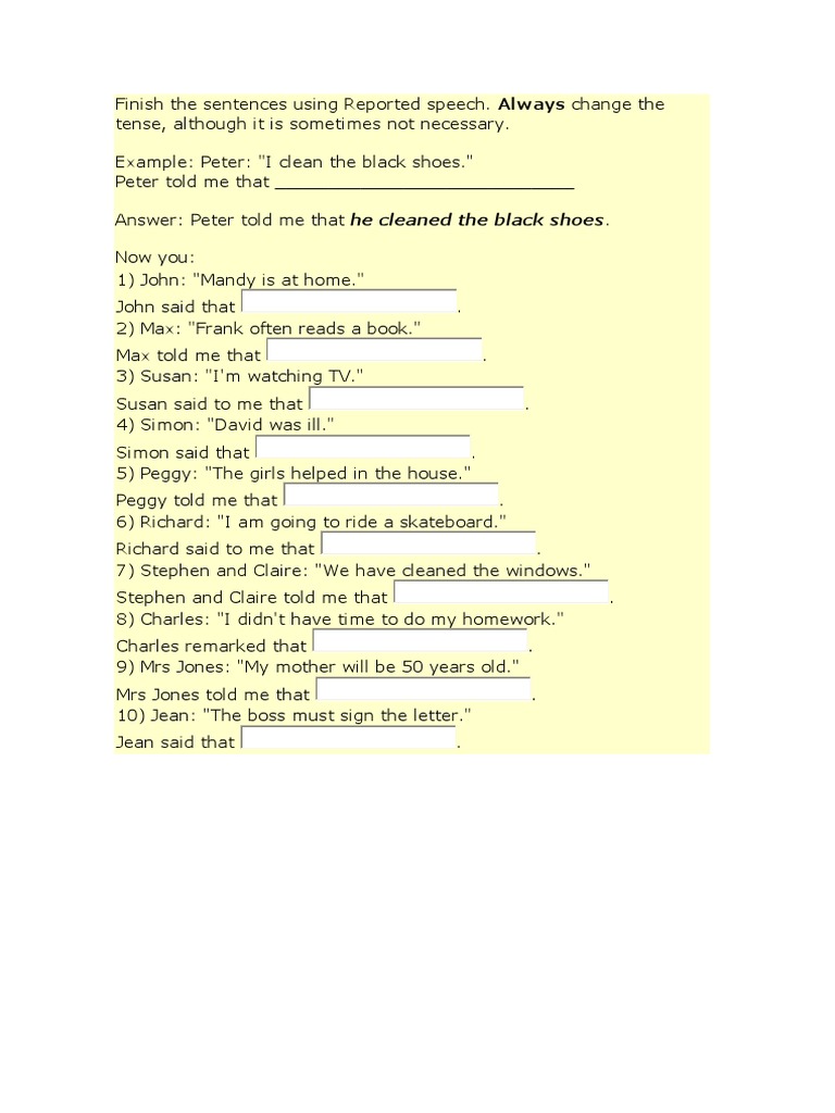 Reported Speech Sentence Completion | PDF