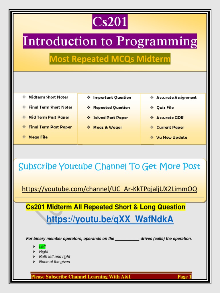 CS201 Midterm MCQs Guide | PDF | Technology & Engineering