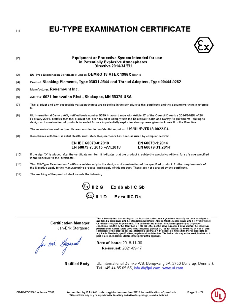 Demko ATEX 1986X Certification Details | PDF