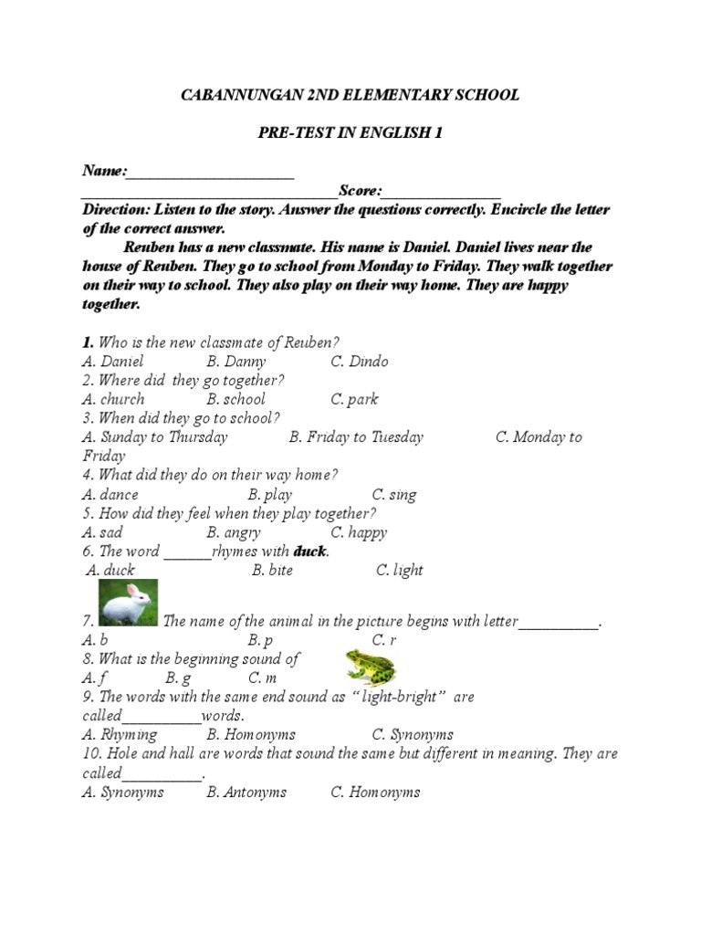 Pre-Test - English 1 | PDF