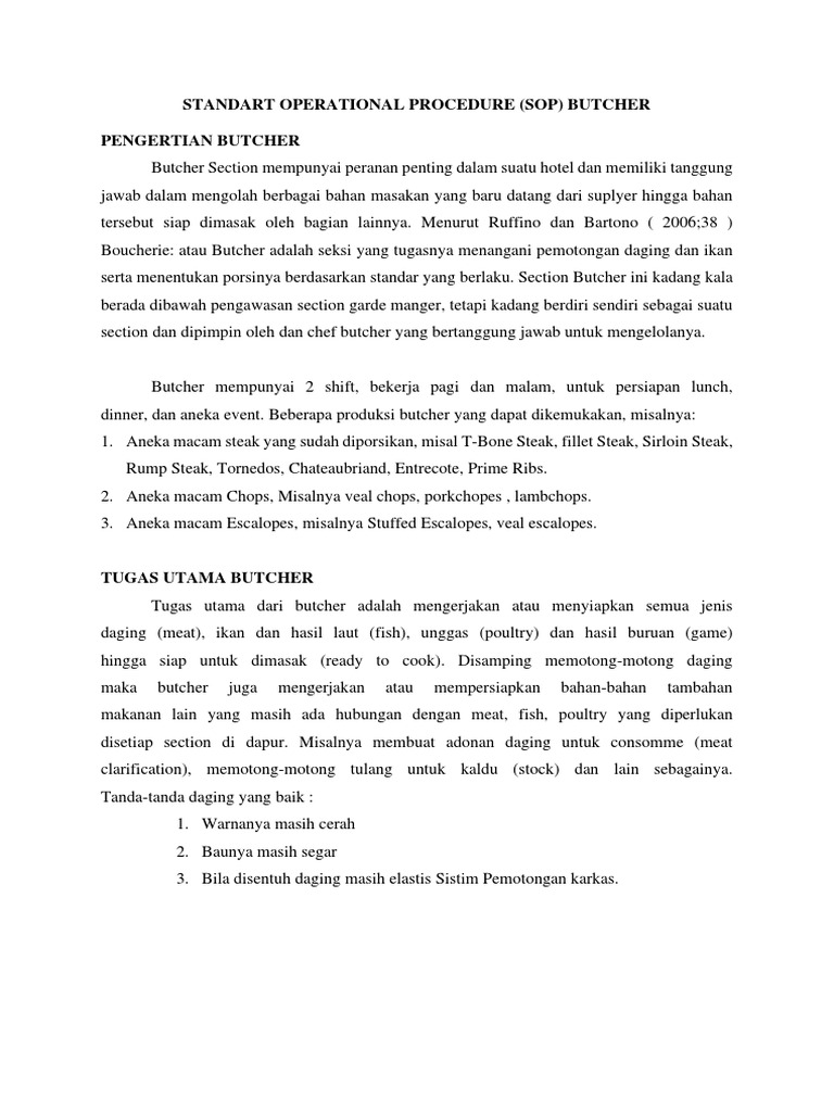 Standart Operational Procedure Butcher | PDF