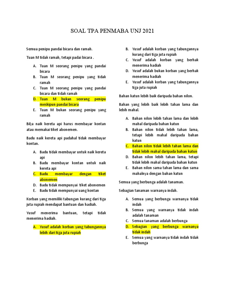 Soal Tpa Penmaba Unj 2021 Pdf