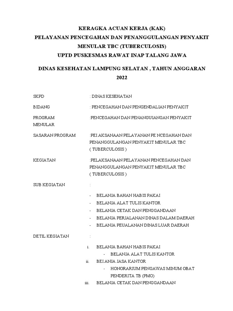 KERANGKA ACUAN KERJA TB - Akre | PDF