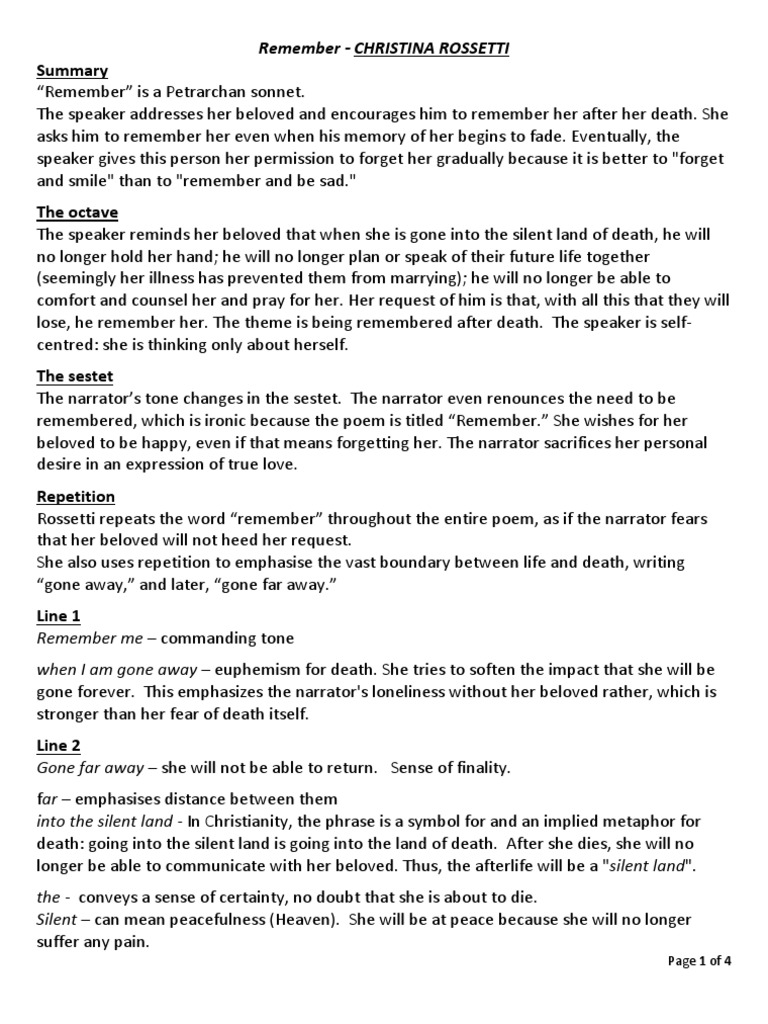 Analysis of "Remember" by Rossetti | PDF | Death | Poetry