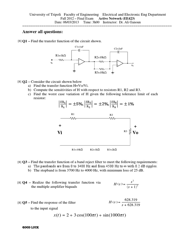 Fall 2012 - EE423 Final Exam | PDF | Amplifier | Electrical Engineering