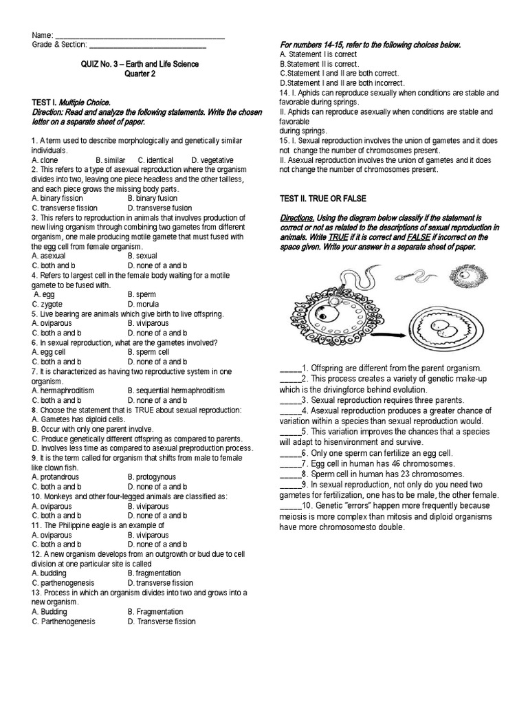 QUIZ No. 3 Quarter 23 | PDF | Sexual Reproduction | Reproduction