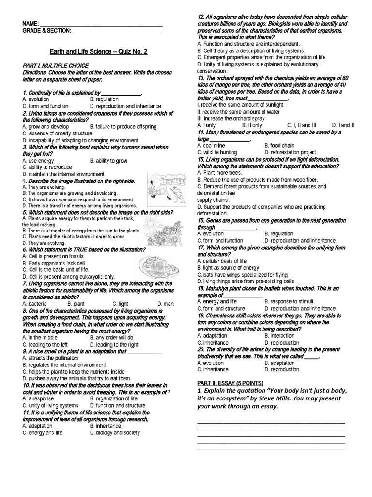 Earth and Life Science Quiz No. 2 | PDF | Organisms | Life
