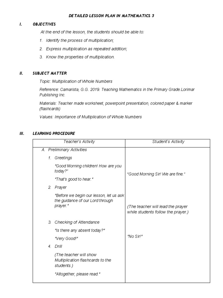 Grade 3 Multiplication Lesson Plan | PDF | Teaching Methods & Materials