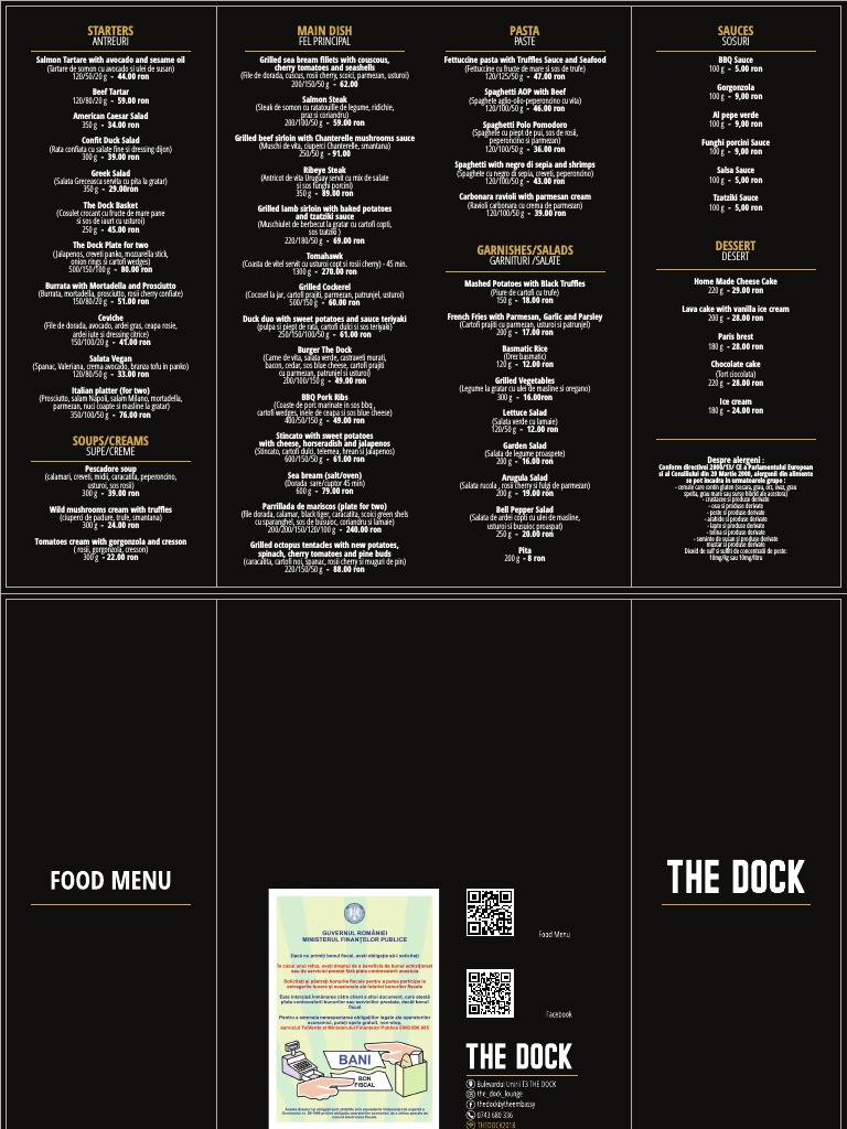 Meniu Food Restaurant The Dock Piata Unirii Bucuresti | PDF | Salad | Sauce