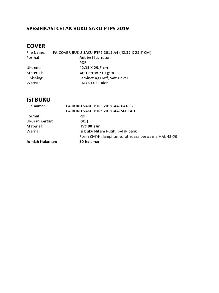 Spesifikasi Cetak Buku Saku Ptps | PDF
