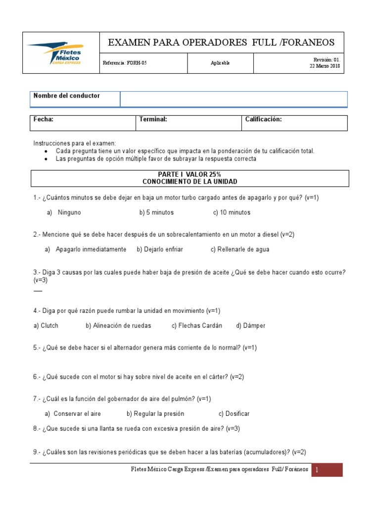 FORH-05 Examen para Operadores Full Foraneo | PDF | Tecnología de ...