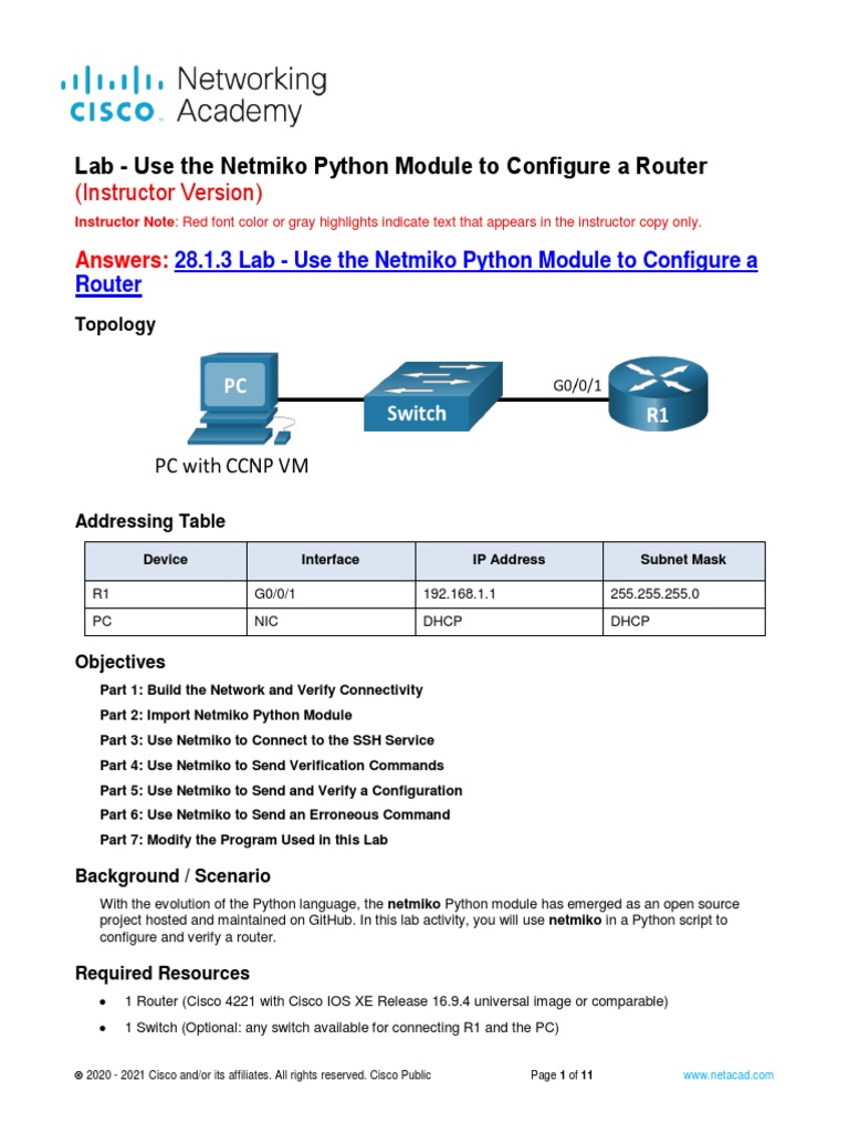 28.1.3 Lab - Use The Netmiko Python Module To Configure A Router - ITExamAnswers | PDF | Ip ...