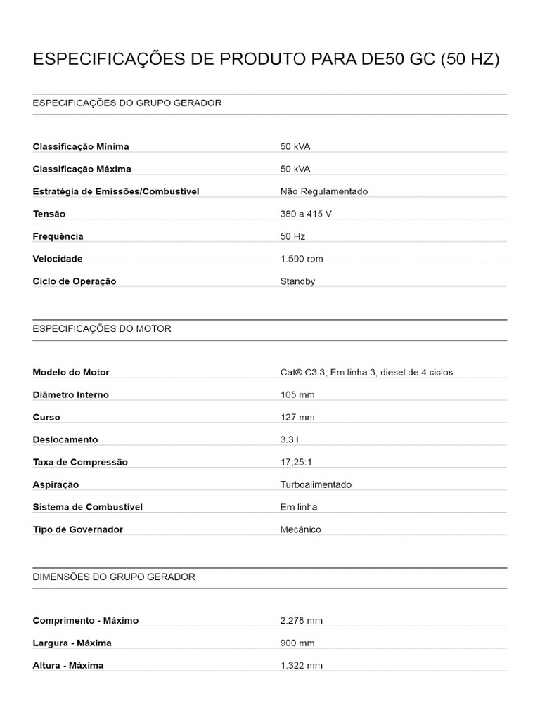 Cat 50 Kva De50 GC (50 HZ) | PDF