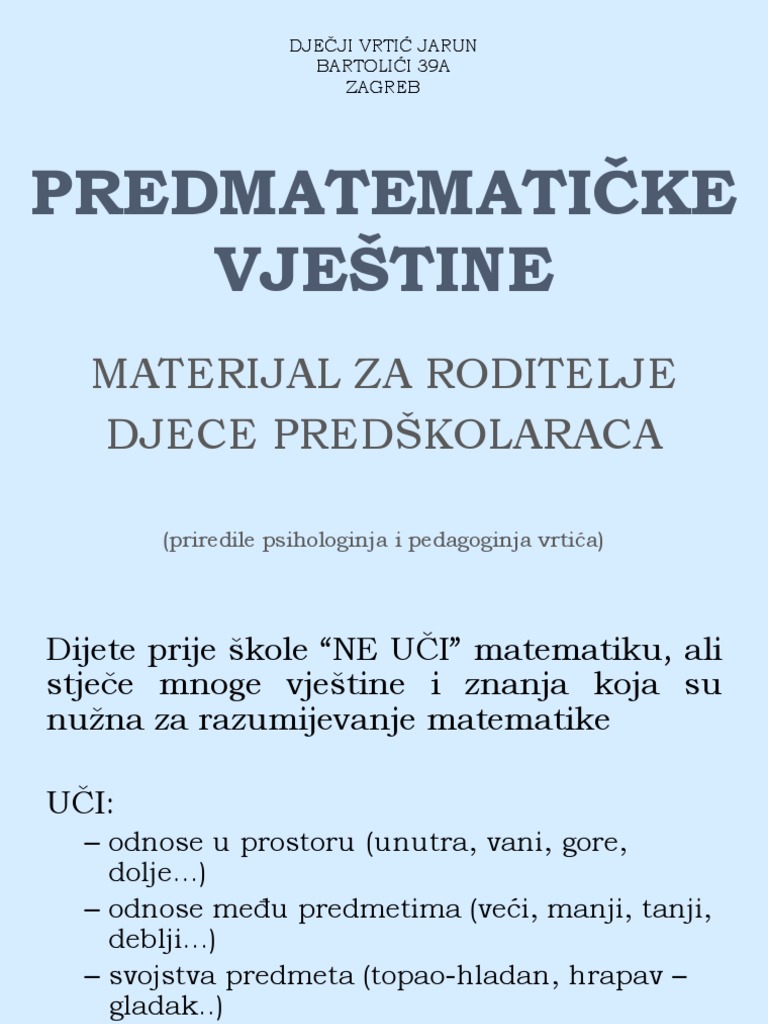 PREDŠKOLARCI Predmatematičke Vještine | PDF