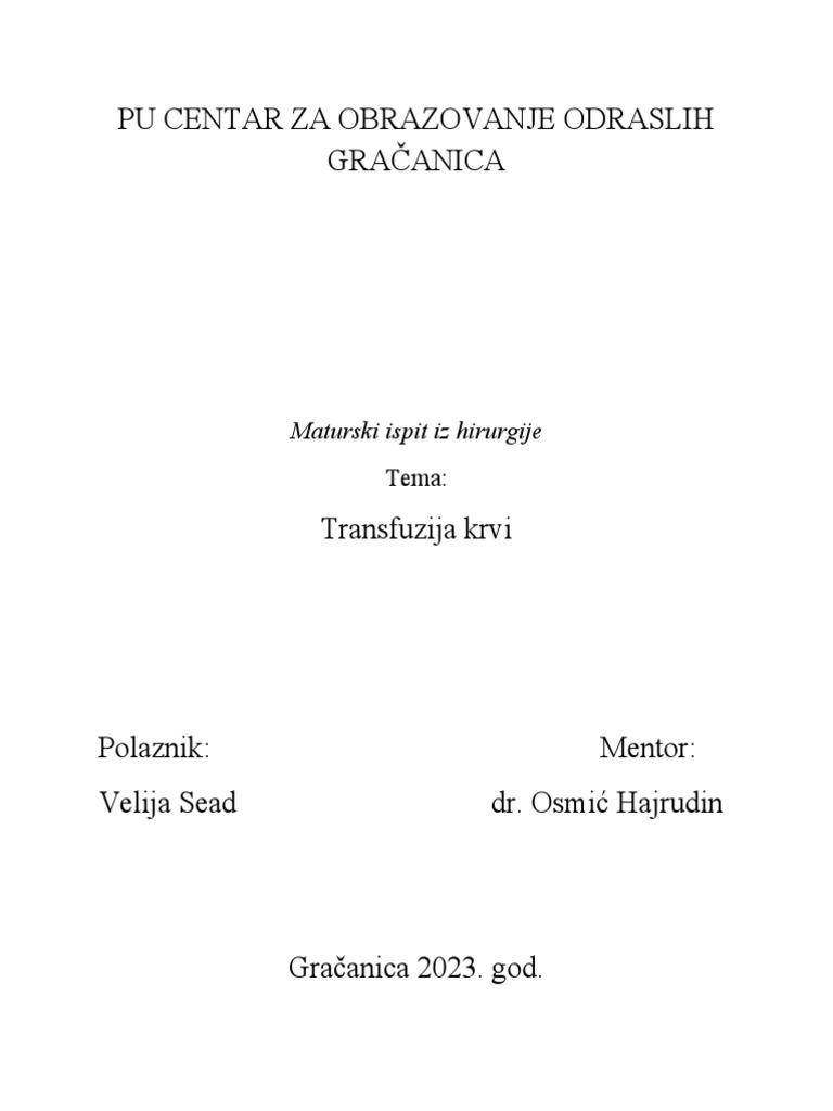 Transfuzija Krvi Maturski | PDF