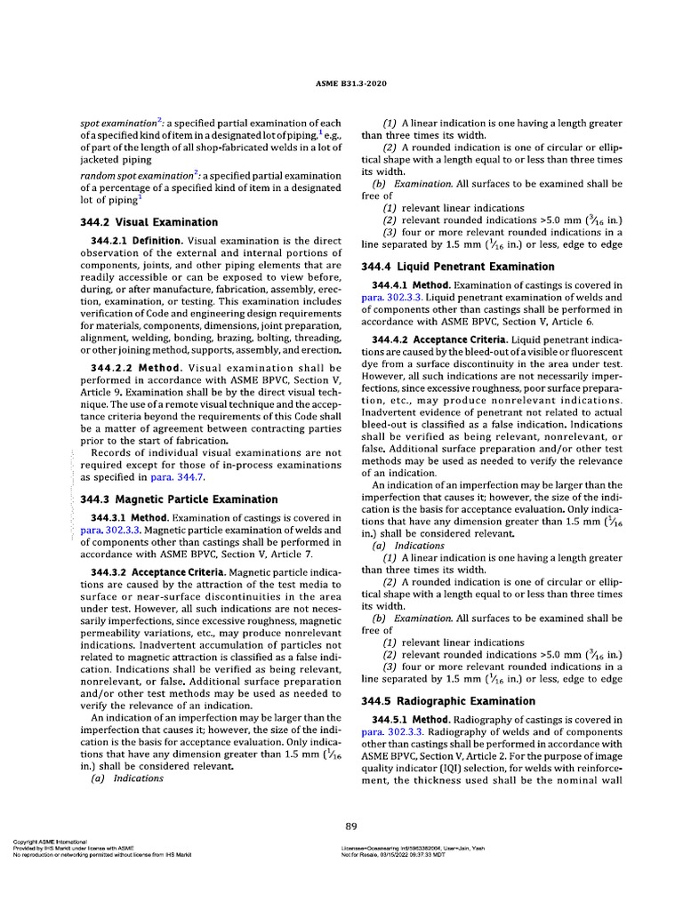 Asme b31.3, Par. 344.3 MT and Par. 344.4 PT | PDF