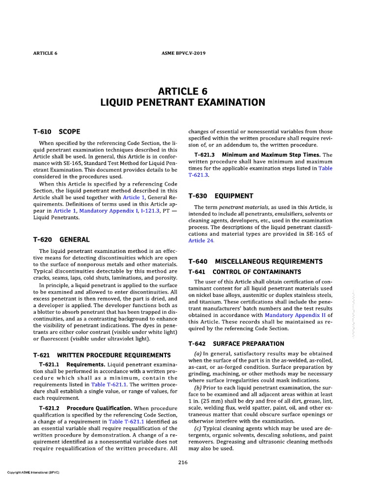 Asme V, Article 6 - PT | PDF