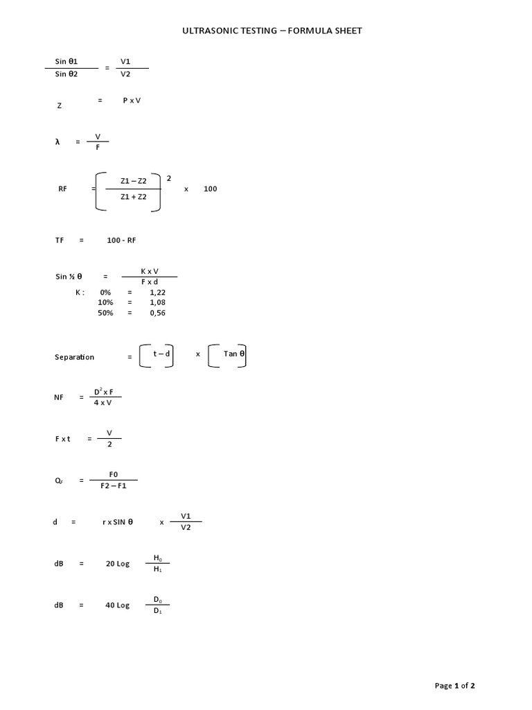Ultrasonic Testing Level Ii - Formula Sheet | PDF