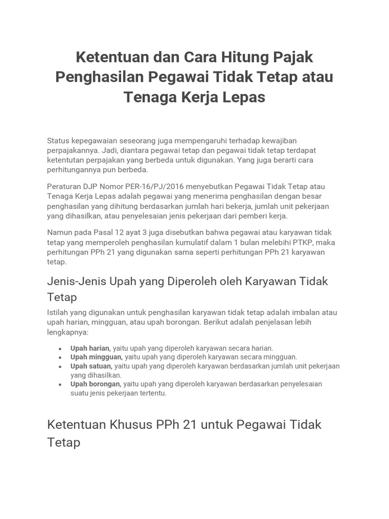Ketentuan Dan Cara Hitung Pajak Penghasilan Pegawai Tidak Tetap Atau Tenaga Kerja Lepas | PDF