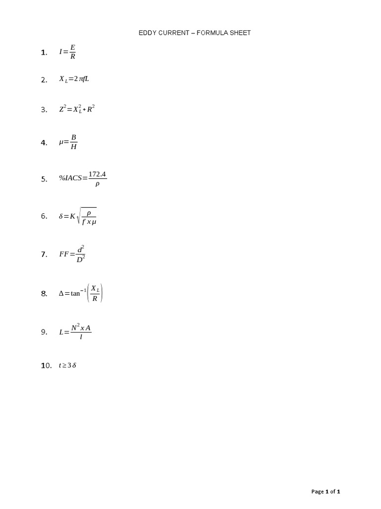 Eddy Current Testing - Formulae Sheet Exam Format | PDF