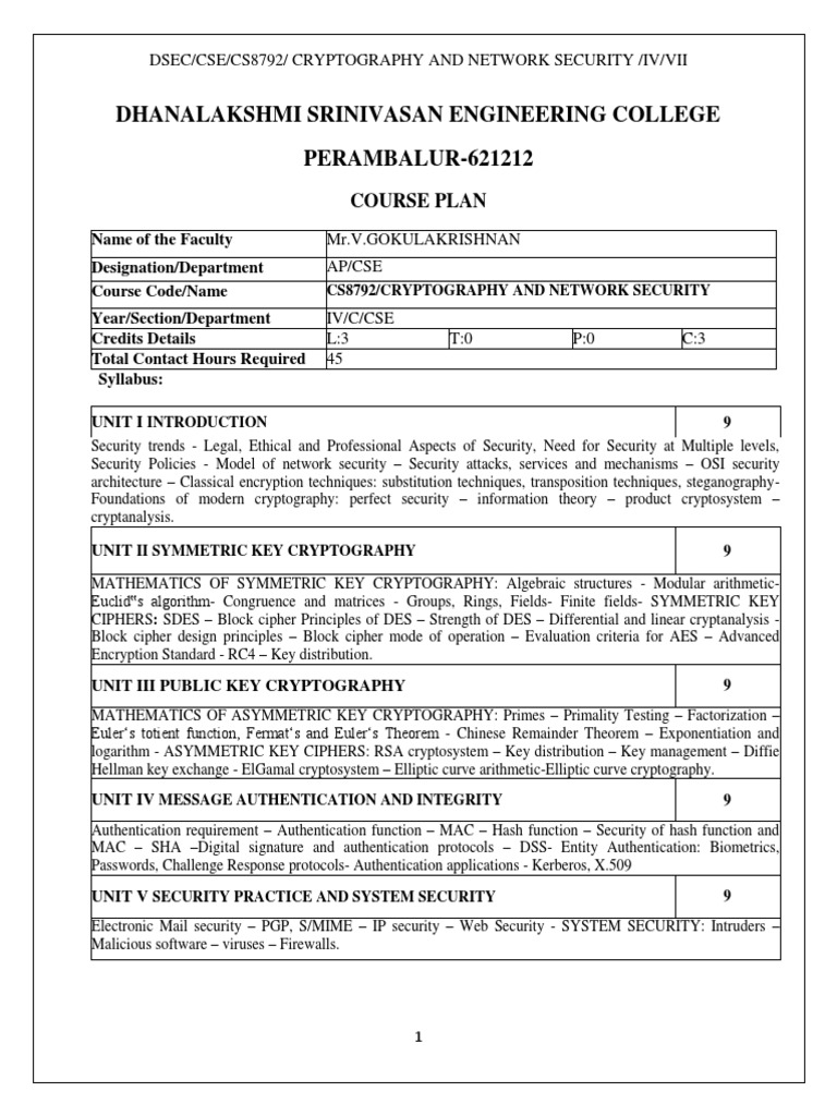 CNS Course Plan - Iv C | PDF | Cryptography | Public Key Cryptography CNS Course Plan - Iv C | PDF | Cryptography | Public Key Cryptography