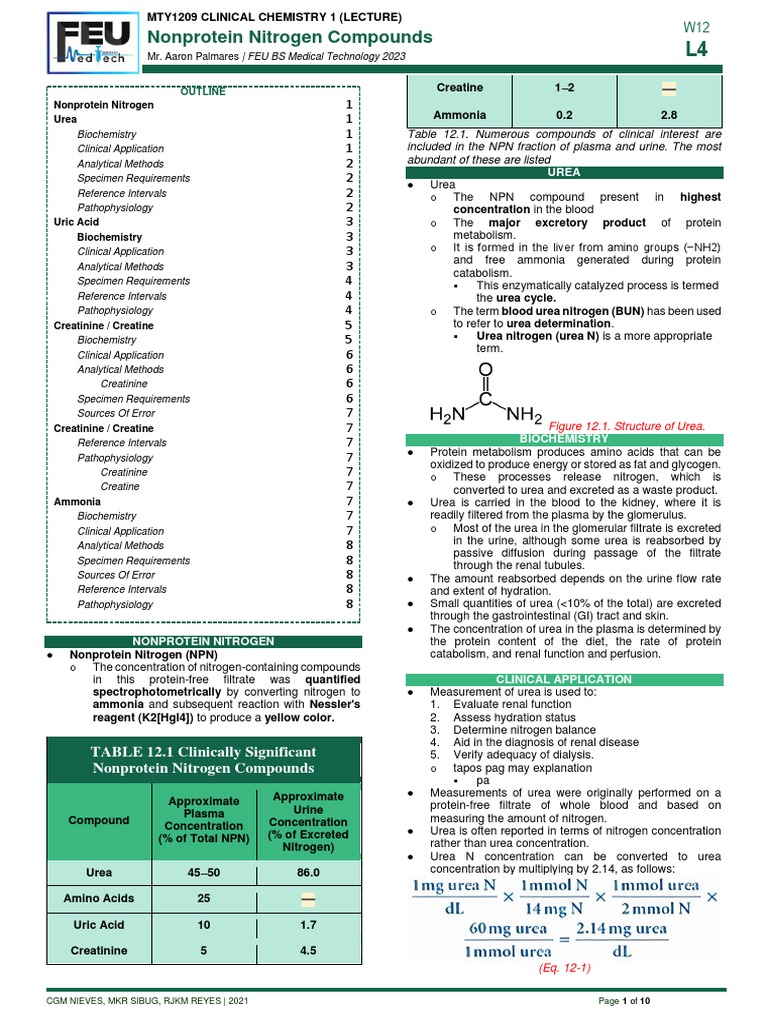 (CC1) LEC-W12-Nonprotein Nitrogen Compounds | PDF | Creatinine | Urea