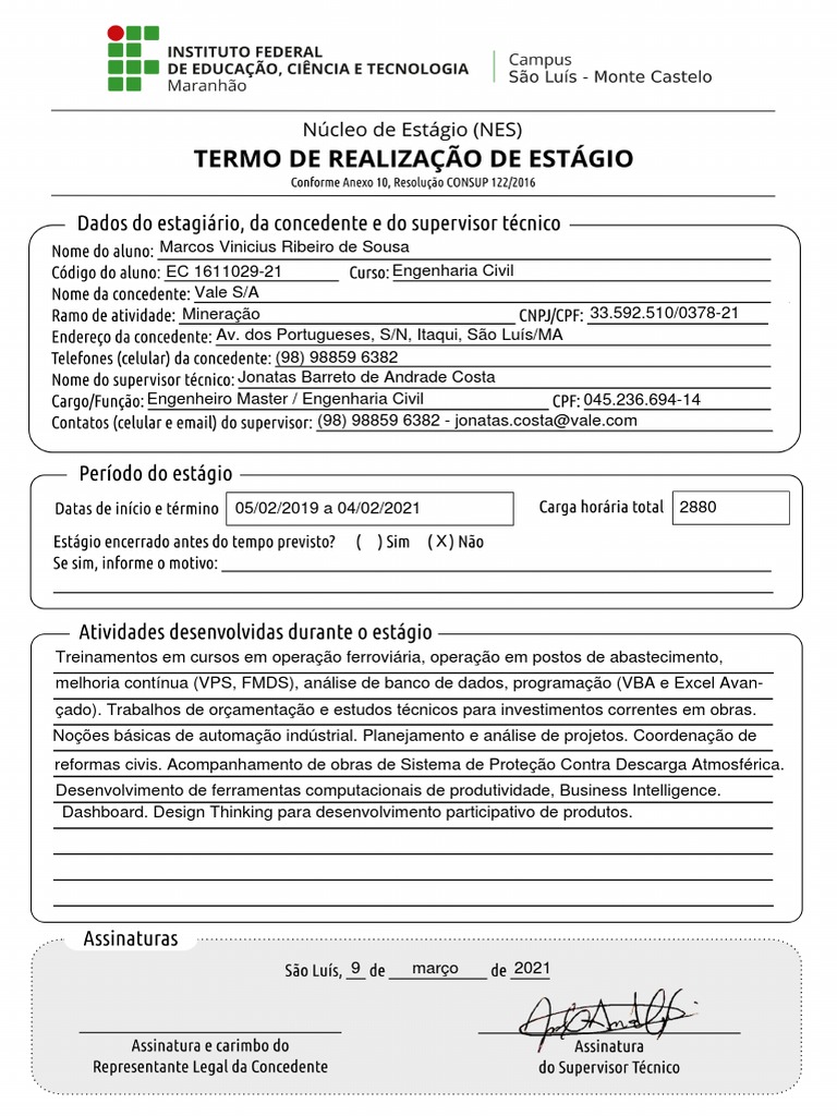 Modelo De Contrato De Estagio Word
