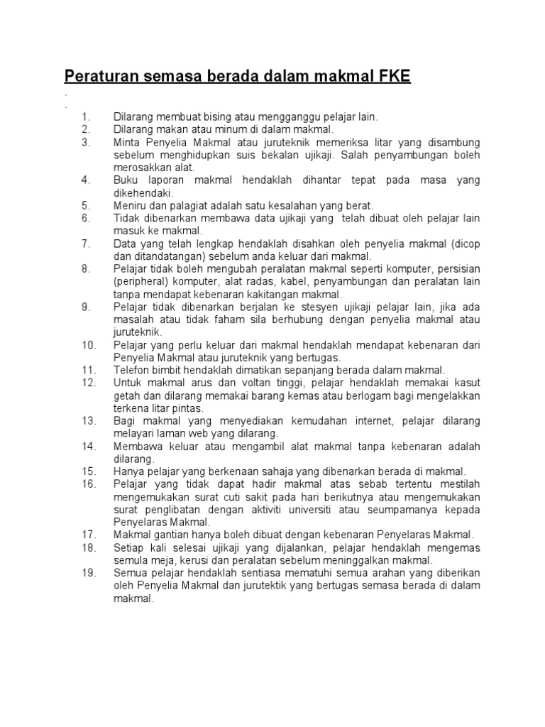 Peraturan Semasa Berada Dalam Makmal FKE | PDF