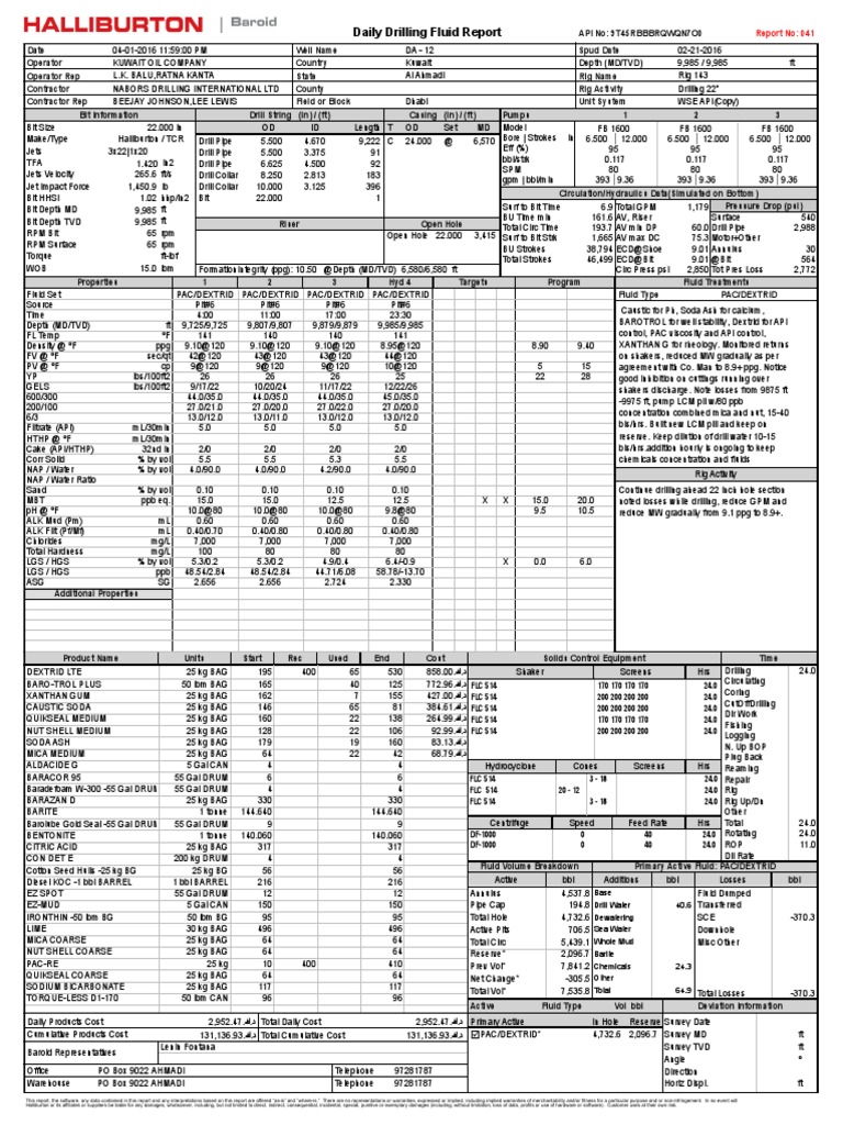 Daily Drilling Fluid Report (041A) - 01 April 16-1 | PDF
