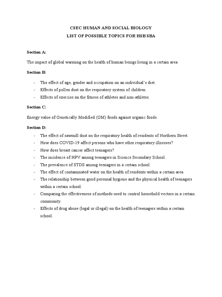 Csec Human and Social Biology Sba Topics | PDF
