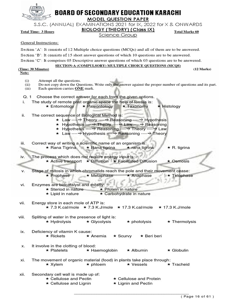 Class 9 Biology Model Question Paper | PDF | Meiosis | Biology