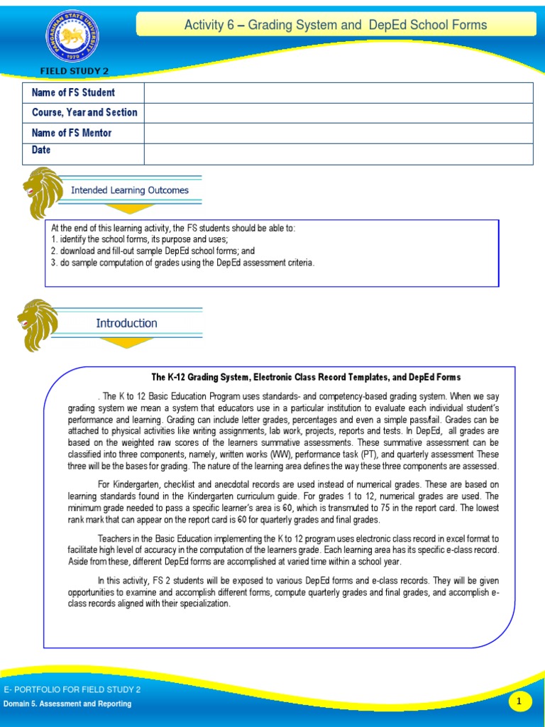 FS 2 Activity 6 Grading System and DepEd School Forms | PDF ...