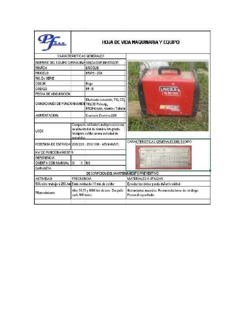 Hoja De Vida Equipos Pdf