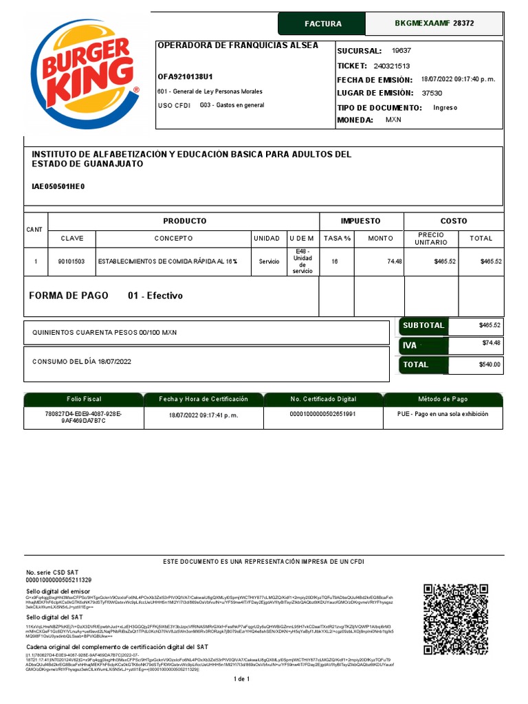 Operadora de Franquicias Alsea: Forma de Pago 01 - Efectivo | PDF ...