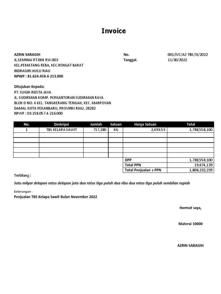Invoice Penjualan TBS Kelapa Sawit 2022 | PDF