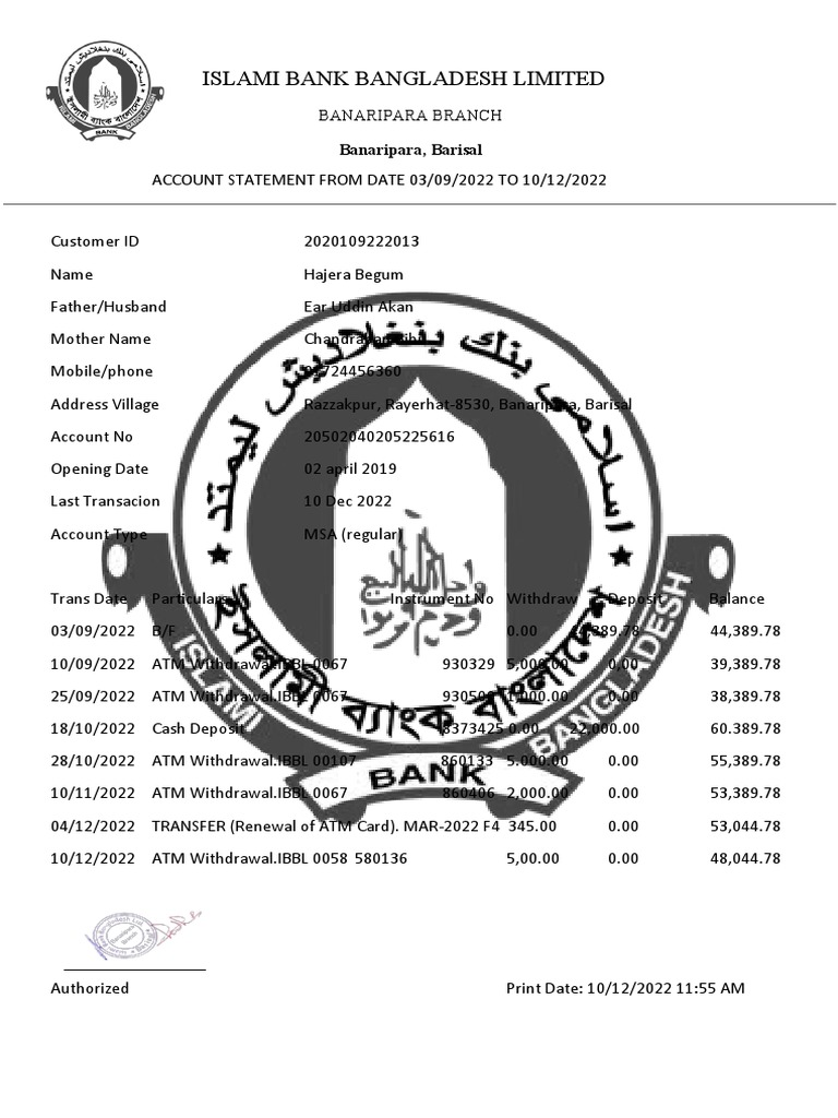 Islami Bank Account Statement Summary | PDF