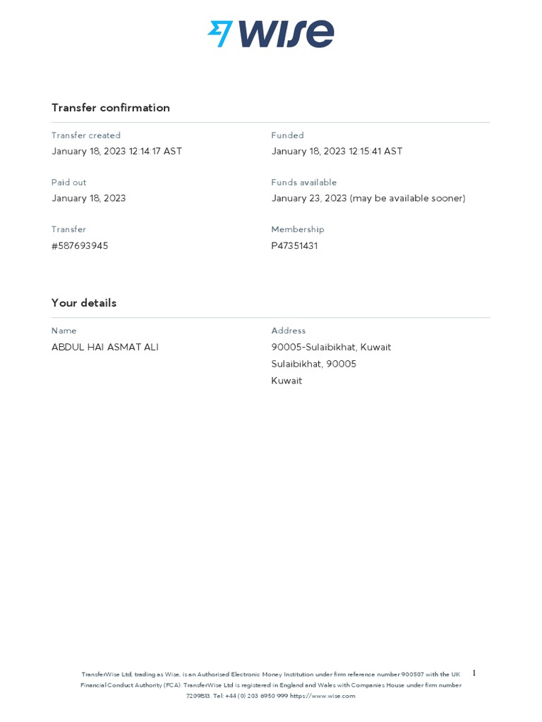 Wise Transfer Confirmation Details | PDF | Banks | Market (Economics)